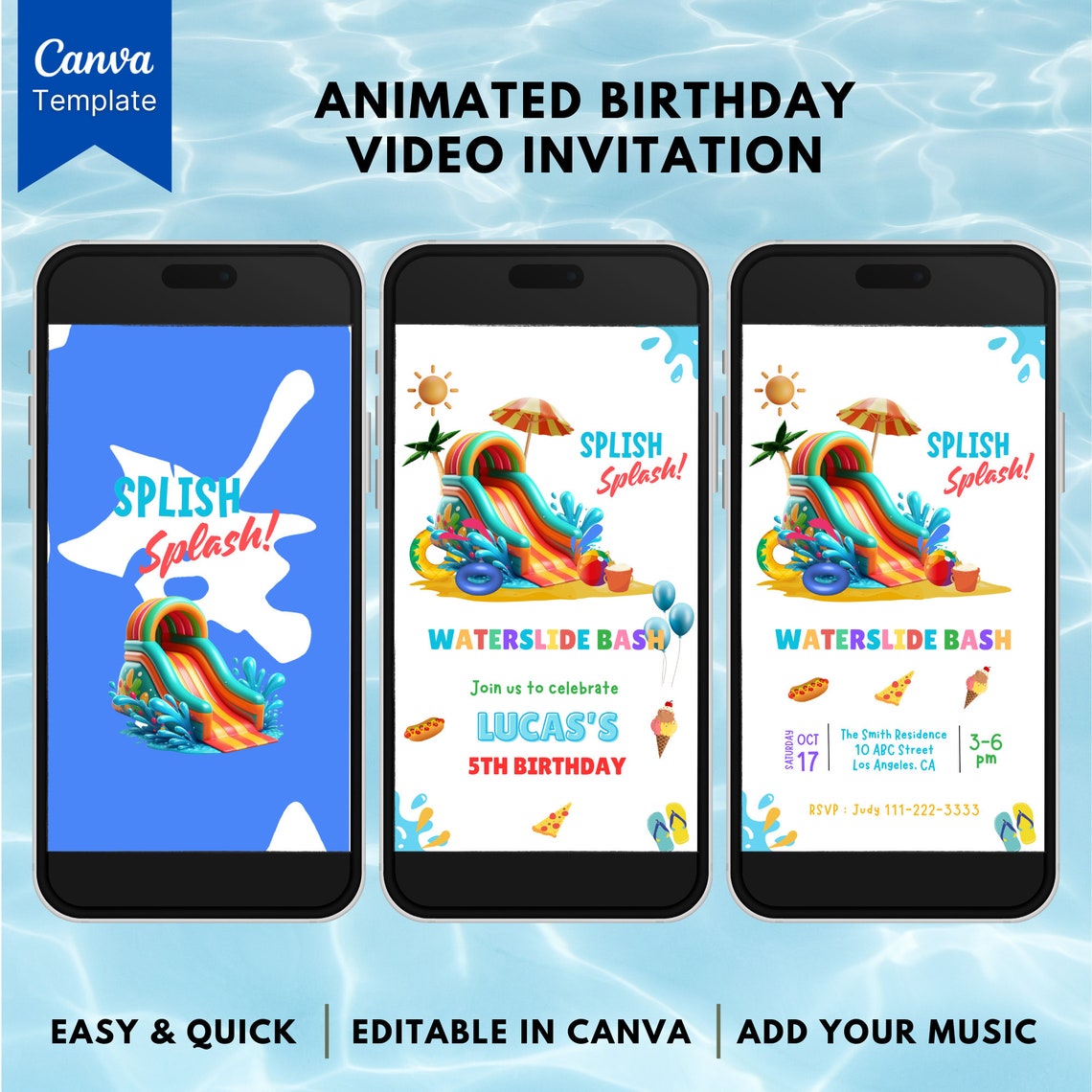 Editable Waterslide Birthday Invitation, Animated Splish Splash Video ...