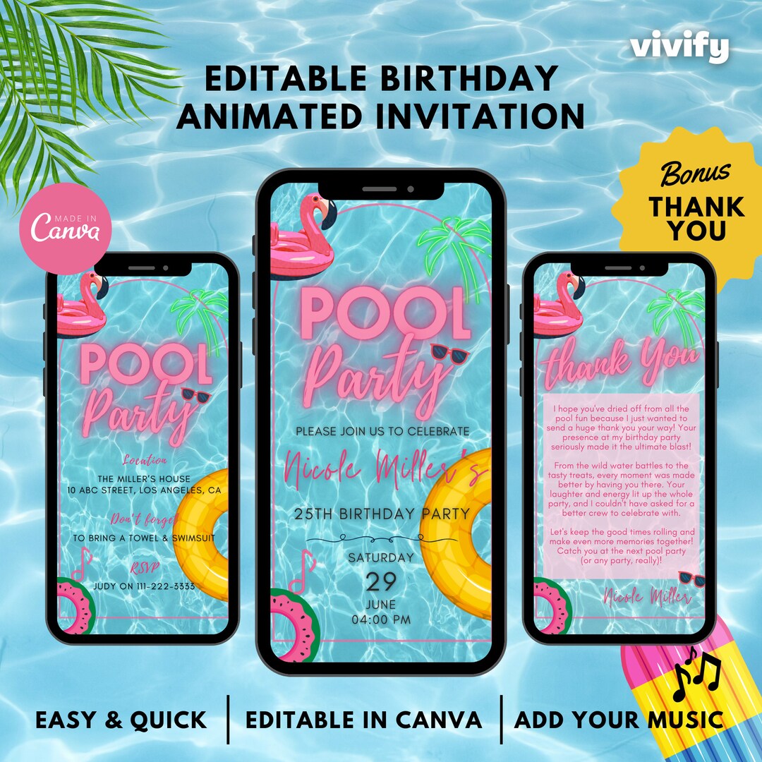 Pool Party Animated Invitation, Birthday Invitation, Editable Video ...