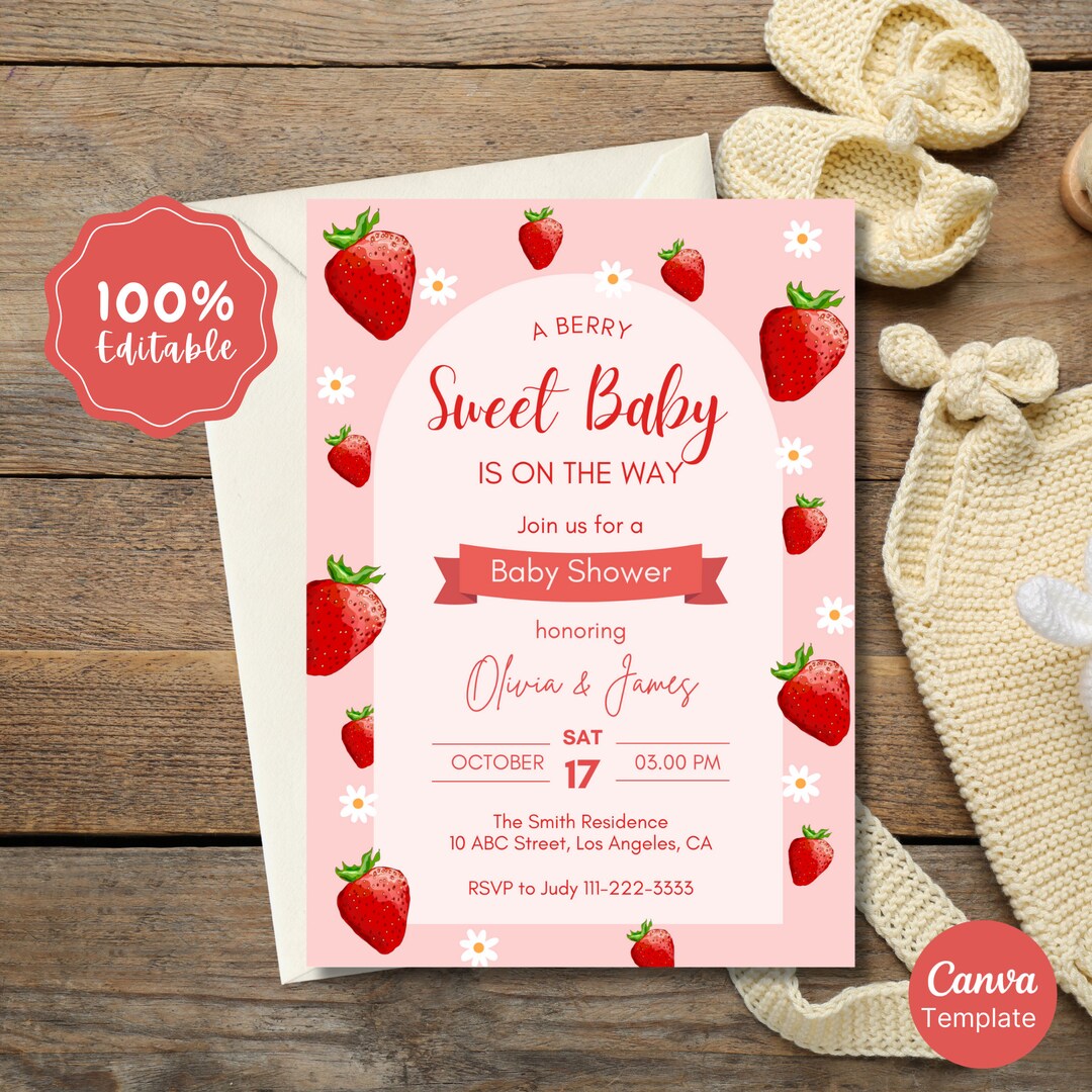 Editable Berry Sweet Baby Shower Invitation, Strawberry Babyshower ...