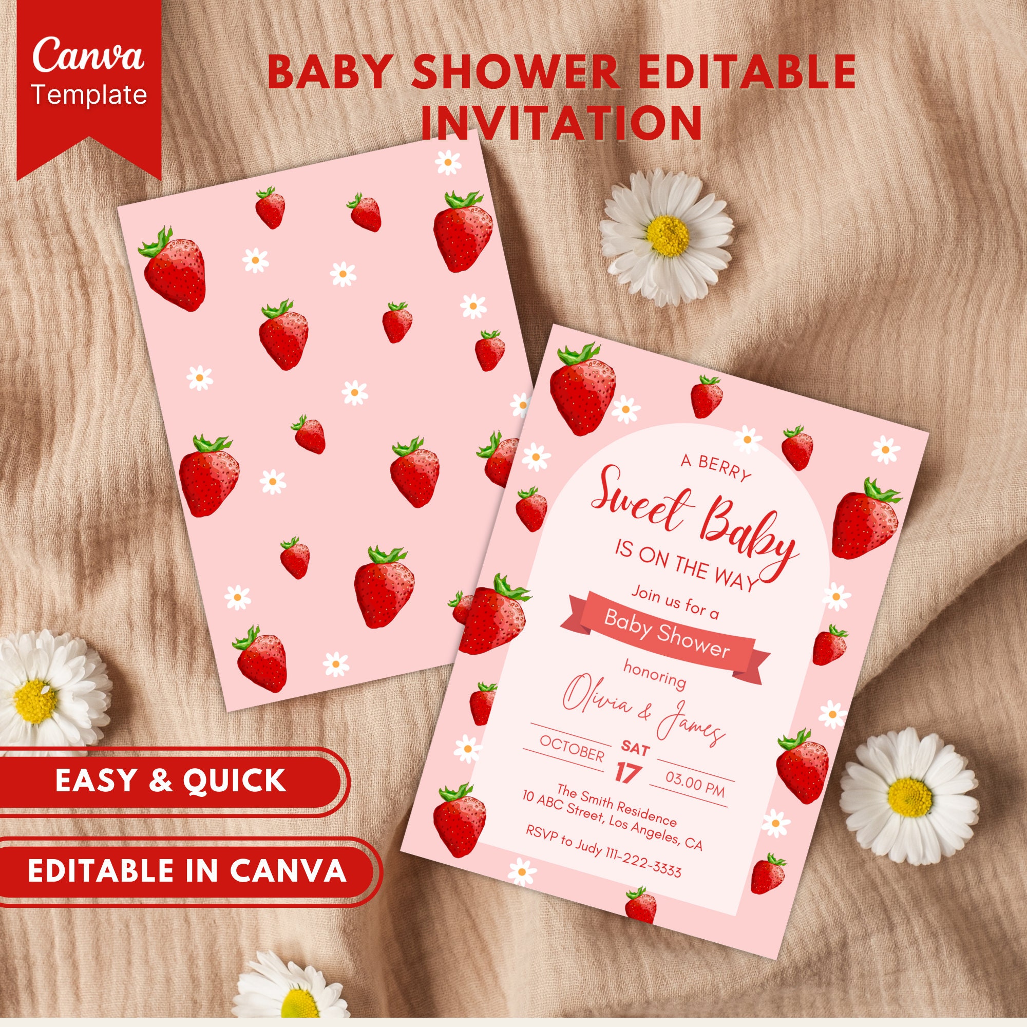 Editable Berry Sweet Baby Shower Invitation, Strawberry Babyshower ...
