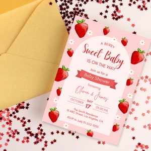 Editable Berry Sweet Baby Shower Invitation, Strawberry Babyshower ...