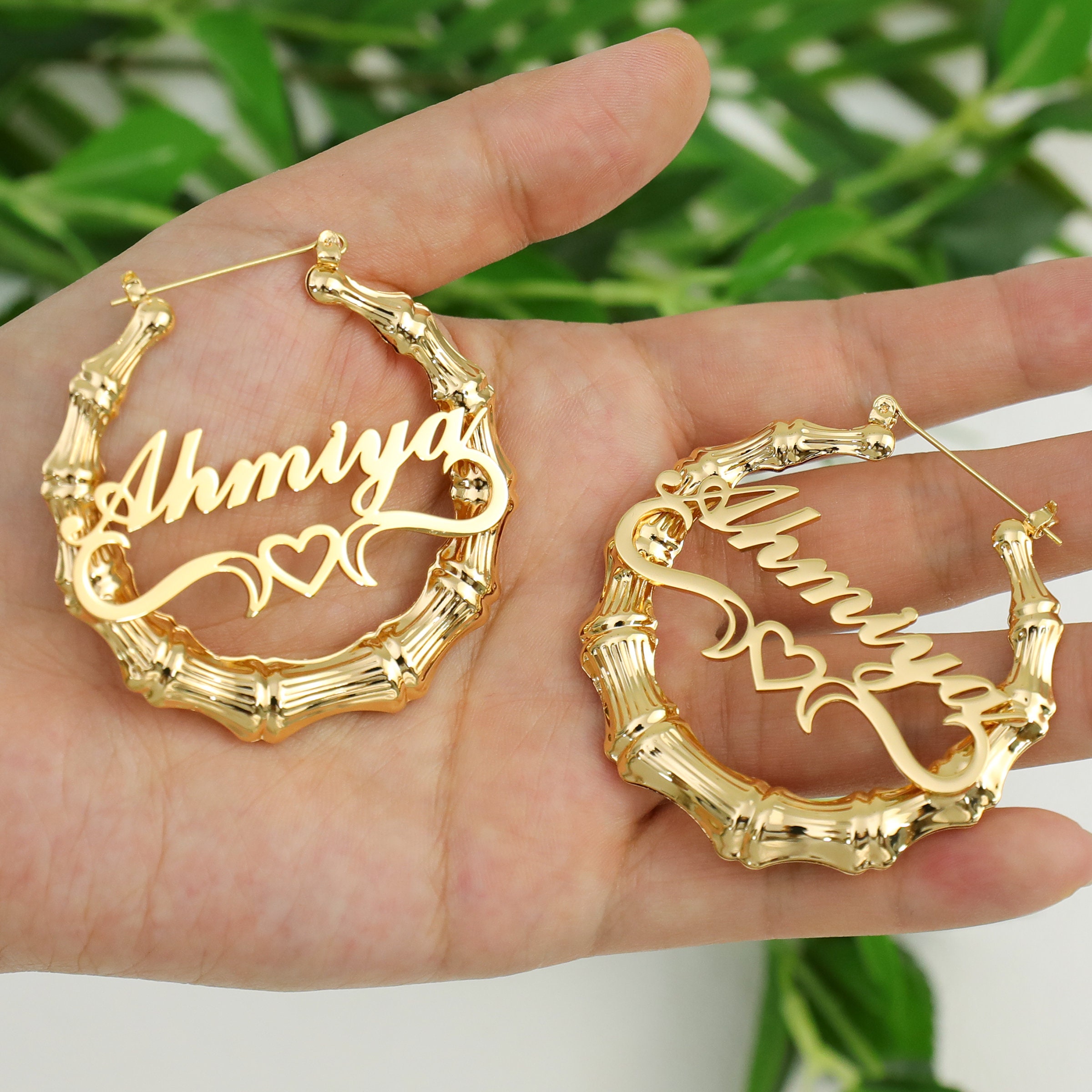 14k Gold Bamboo Earrings, Custom Bamboo Hoop Earrings, Gold Name Hoops ...