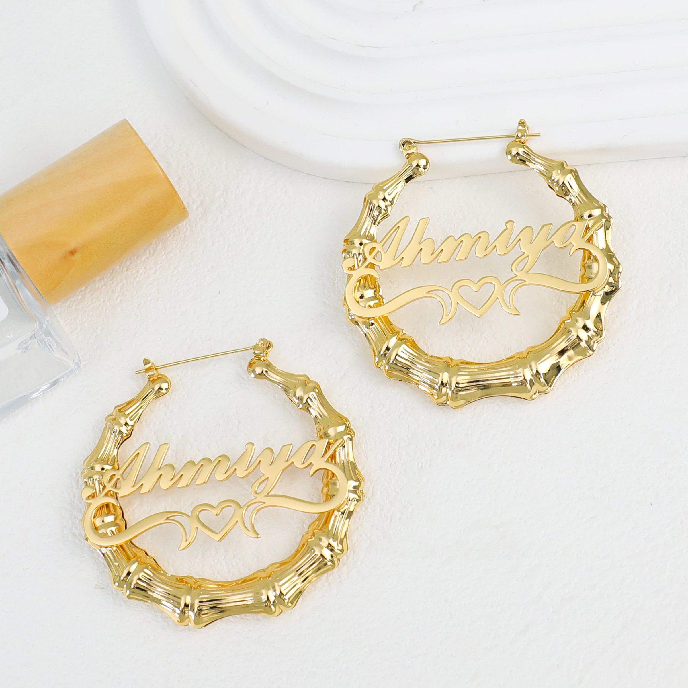 14k Gold Bamboo Earrings, Custom Bamboo Hoop Earrings, Gold Name Hoops ...