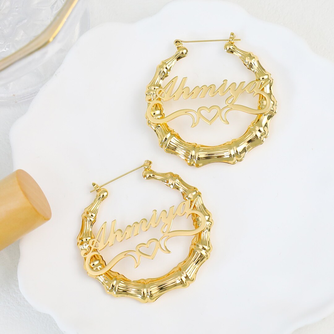 14k Gold Bamboo Earrings, Custom Bamboo Hoop Earrings, Gold Name Hoops ...