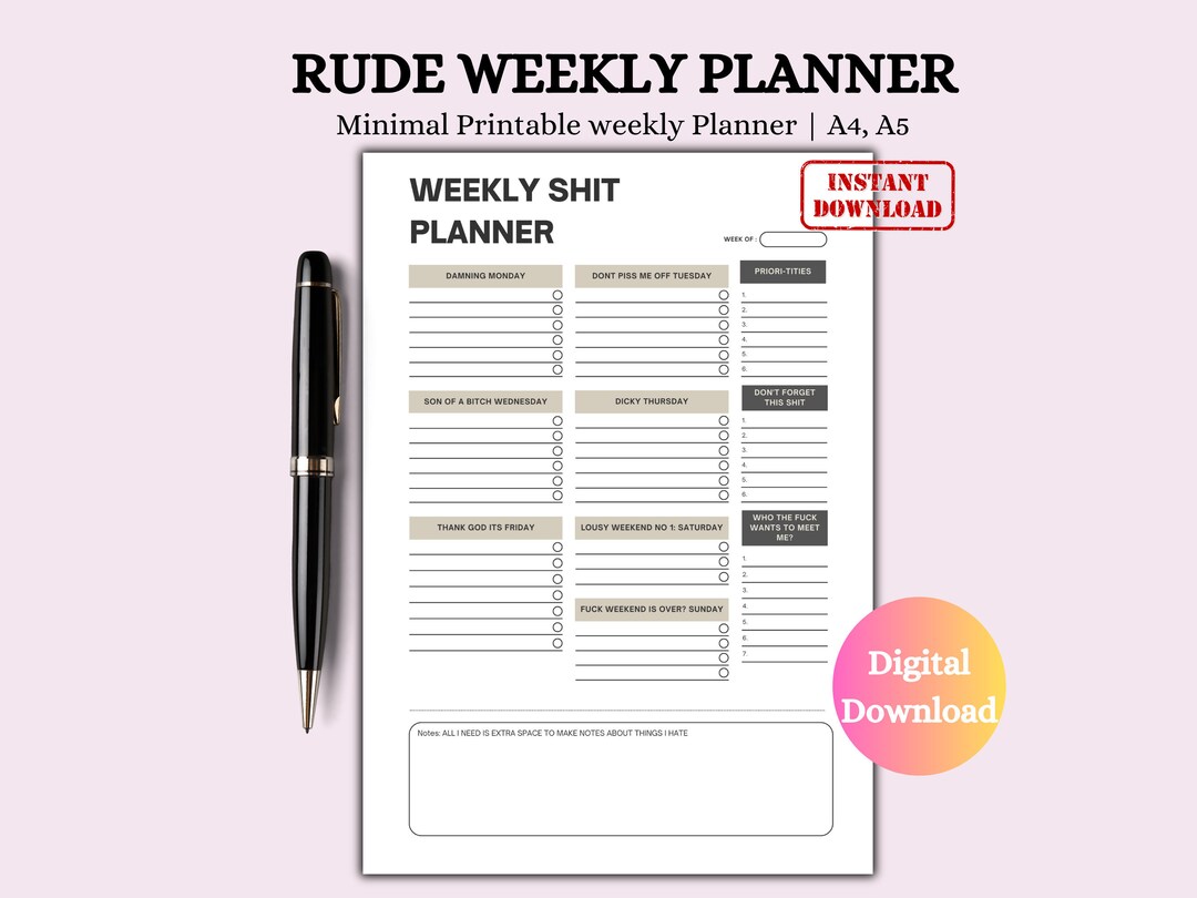Rude Weekly Planner to Do List, Printable Minimalistic Weekly Planner ...
