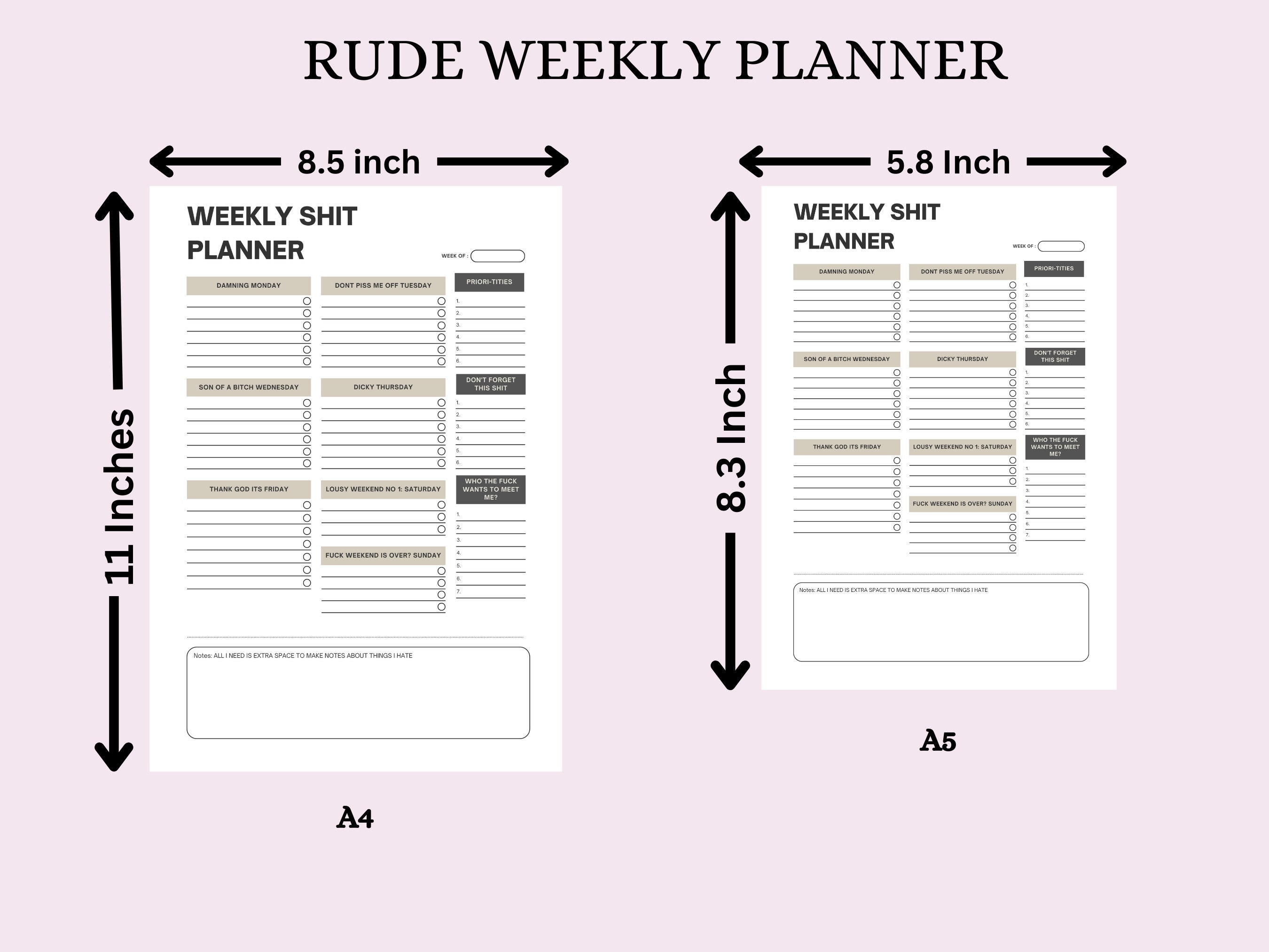 Rude Weekly Planner to Do List, Printable Minimalistic Weekly Planner ...
