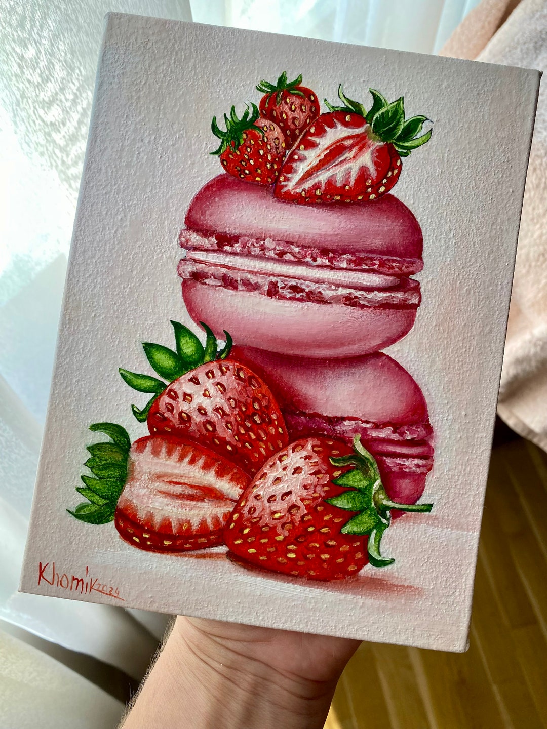 Macaroons Oil Painting, Strawberry Art, Dessert Artwork, French Bakery ...