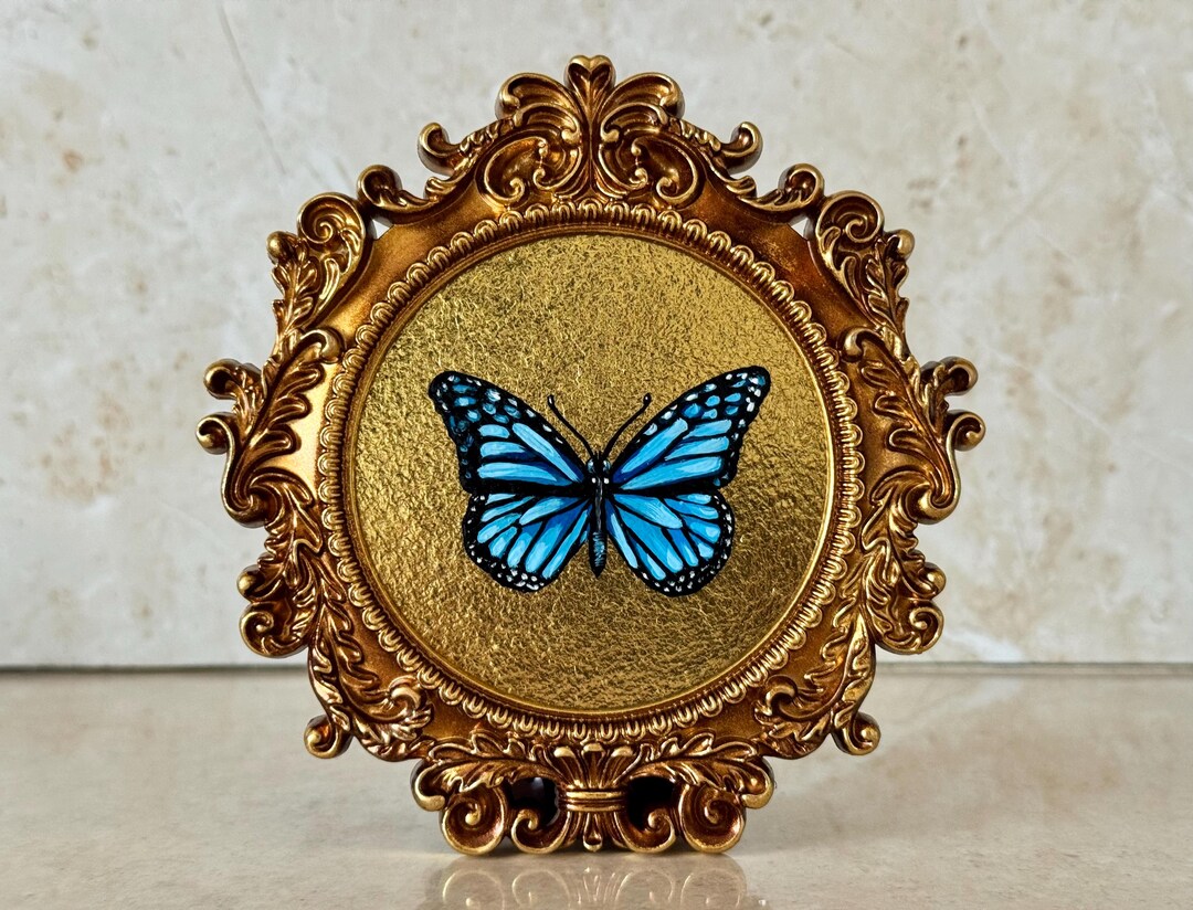 Original Blue Butterfly Painting, Gold Leaf Art, Antique Frame (4x4 ...