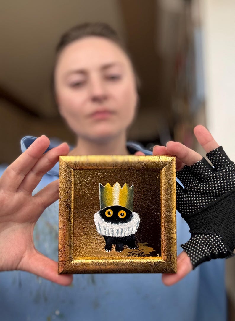 Original Oil Painting, Miniature Crowned Black Cat Art, Gold Leaf ...