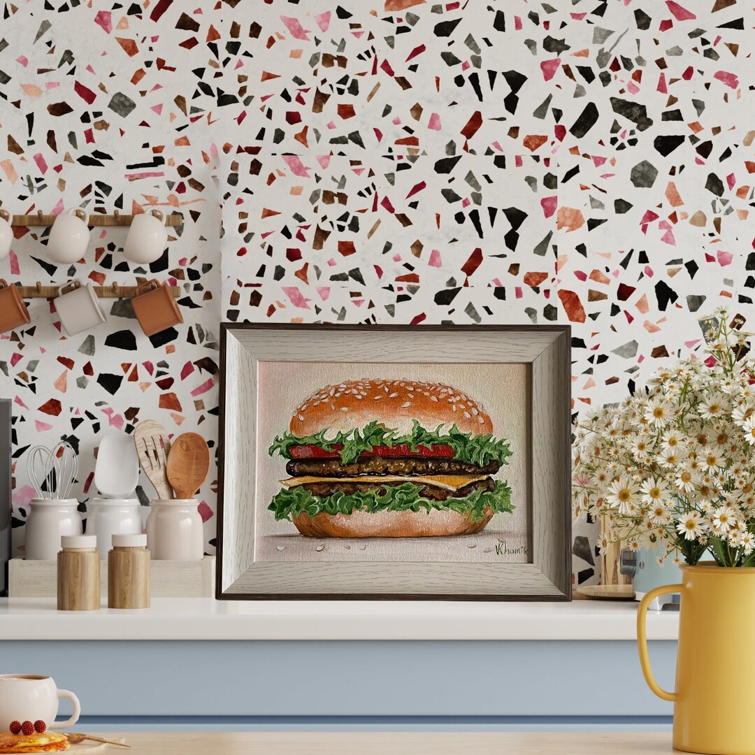 Cheeseburger Oil Painting: Original Food Art, Framed Artwork (5.9x7.9 ...