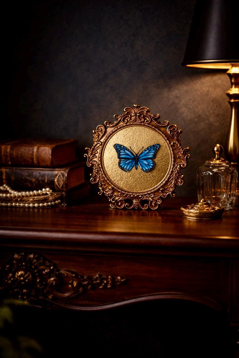 Original Blue Butterfly Painting, Gold Leaf Art, Antique Frame (4x4 ...