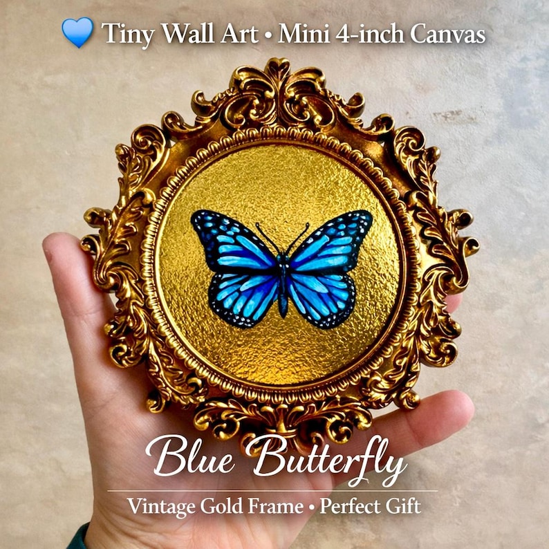 Original Blue Butterfly Painting, Gold Leaf Art, Antique Frame (4x4 ...