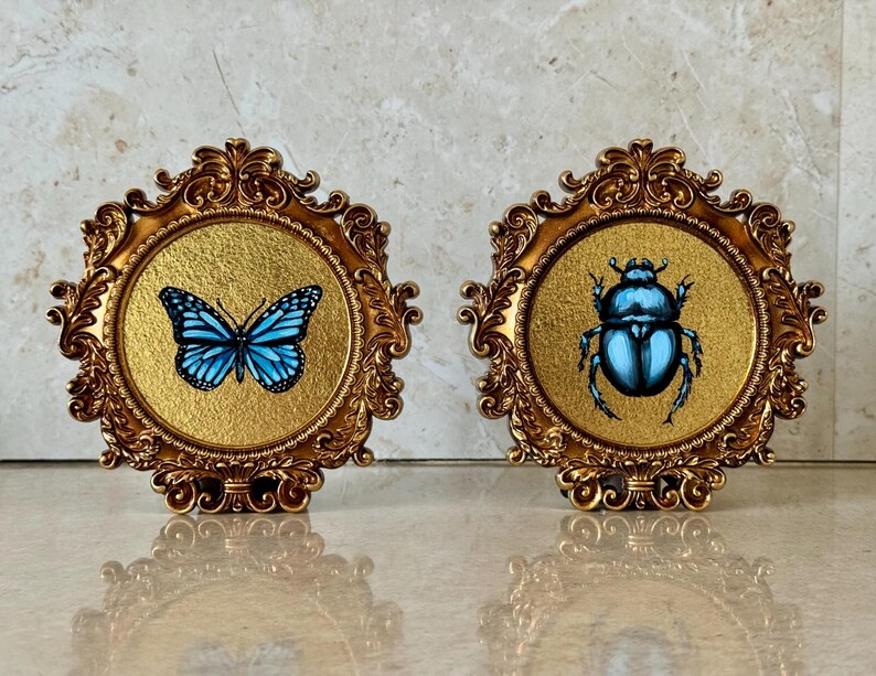 Original Blue Butterfly Painting, Gold Leaf Art, Antique Frame (4x4 ...