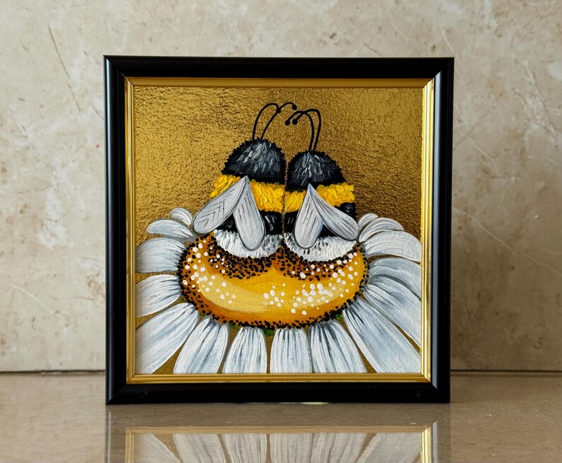 Original Bee Wall Art - Floral Landscape Oil Painting With Gold Leaf ...