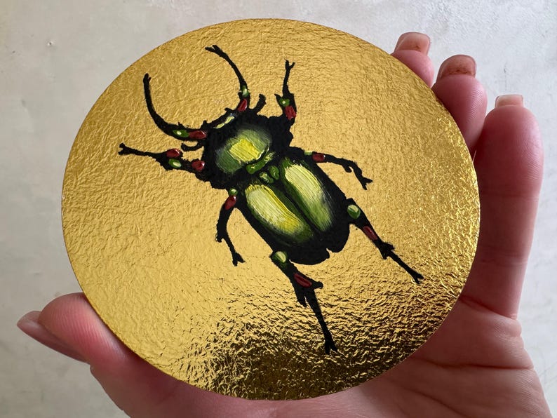 Original Green Scarab Beetle Oil Painting: Gold Leaf Insect Wall Art - Etsy