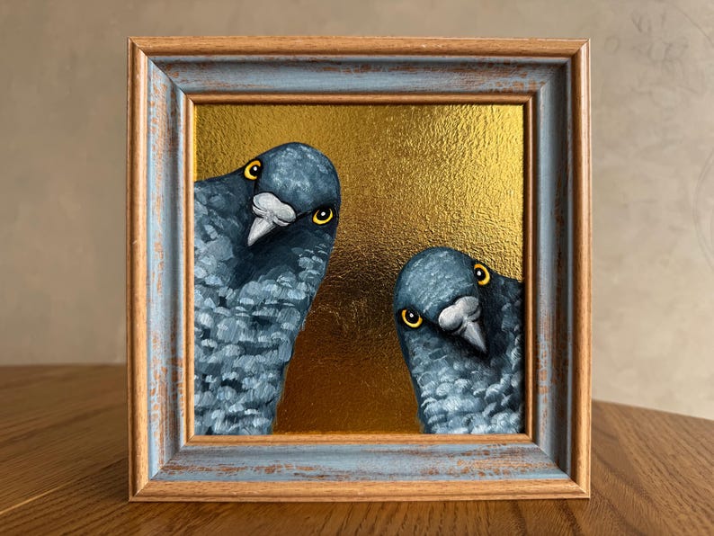 Pigeon Portrait Oil Painting With Gold Leaf - Framed Original Art - Etsy