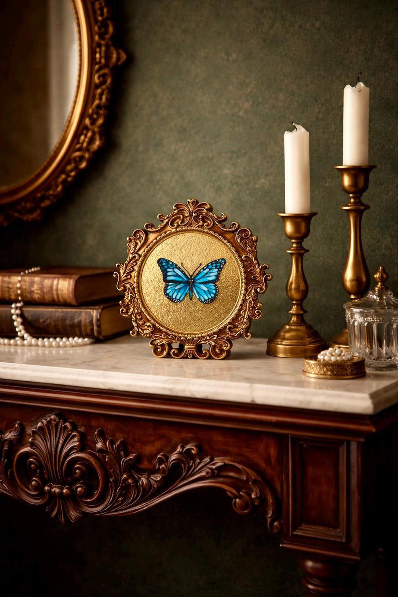 Original Blue Butterfly Painting, Gold Leaf Art, Antique Frame (4x4 ...