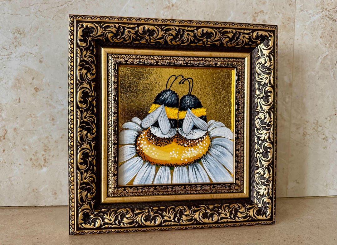 Original Bee Wall Art - Floral Landscape Oil Painting With Gold Leaf ...