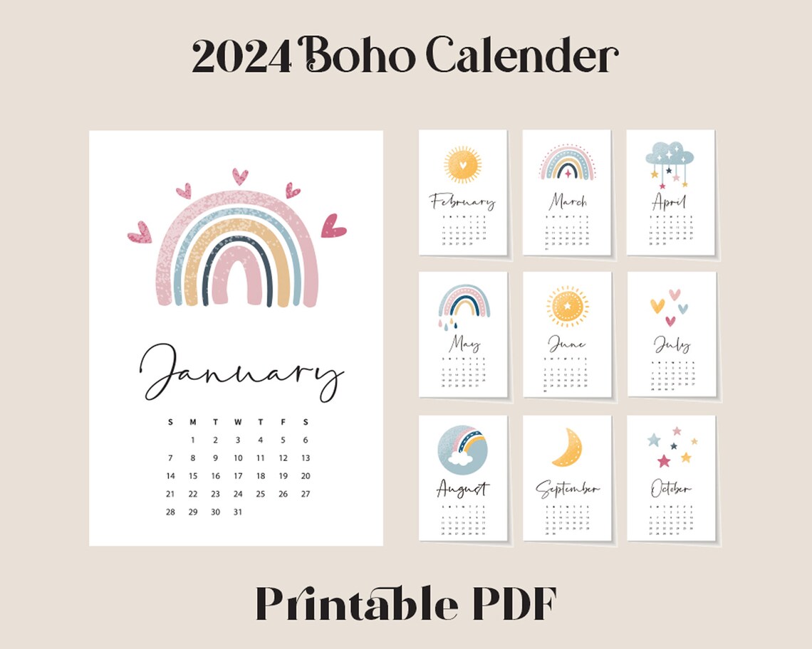 Boho Calendar 2024 Printable Calendar Winter 2024 Calendar Summer 2024 ...
