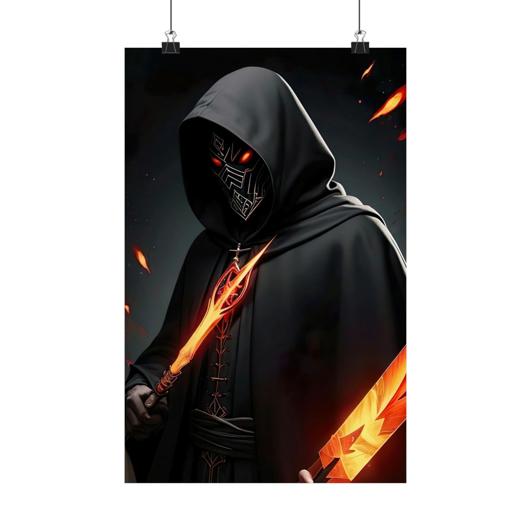 Masked Fire Mage Poster Blazing Wand, Black Robe, and Mystical Presence ...