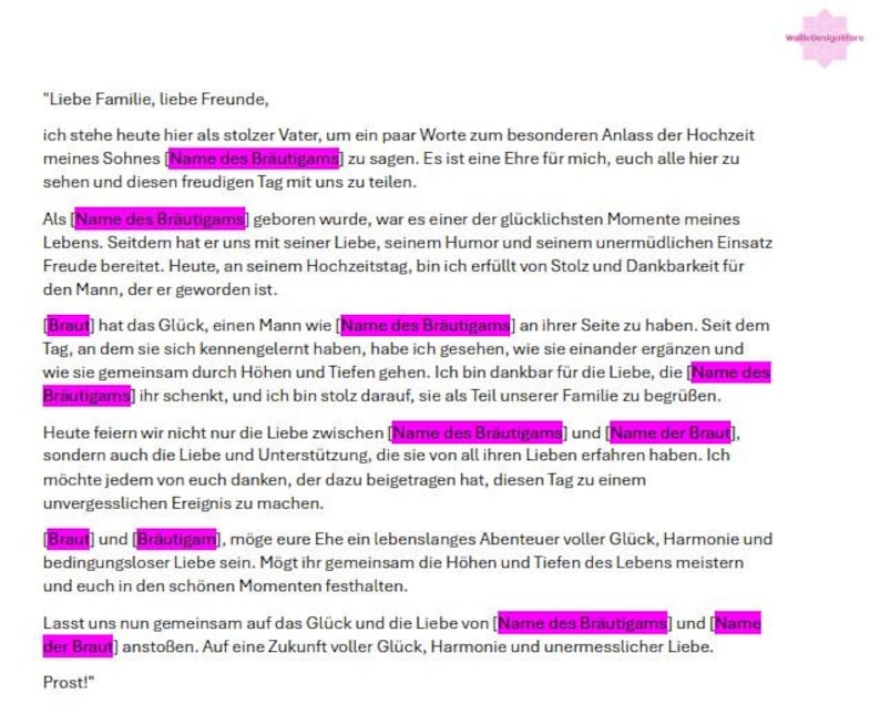 Vorlage Für Rede Des Vater Des Bräutigams Strukturierter Leitfaden ...