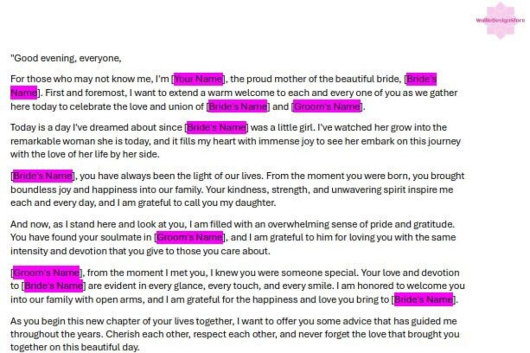Mother of the Bride Speech Template Customizable V2. - Etsy