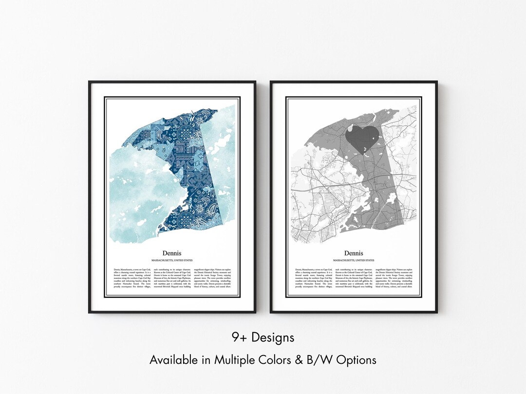 Dennis Massachusetts Map Poster, Minimalist Wall Art Print in Black ...