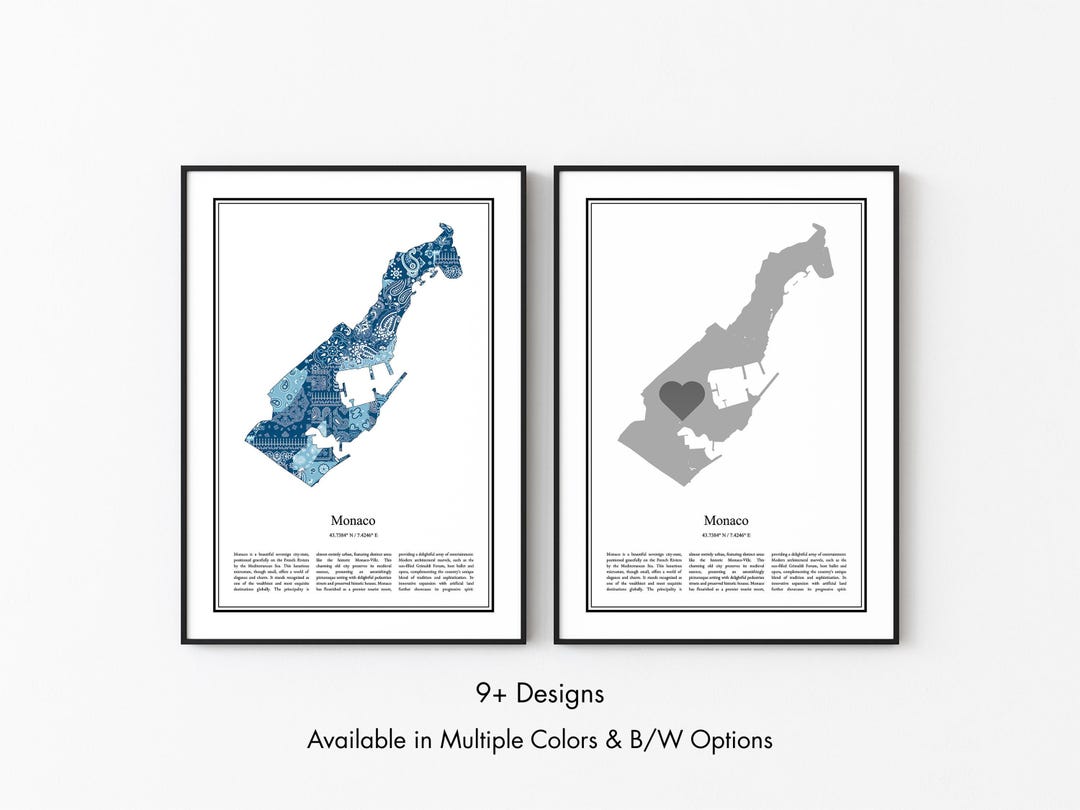 Monaco Country Map Color Poster, Monaco Black and White Print, Monaco ...