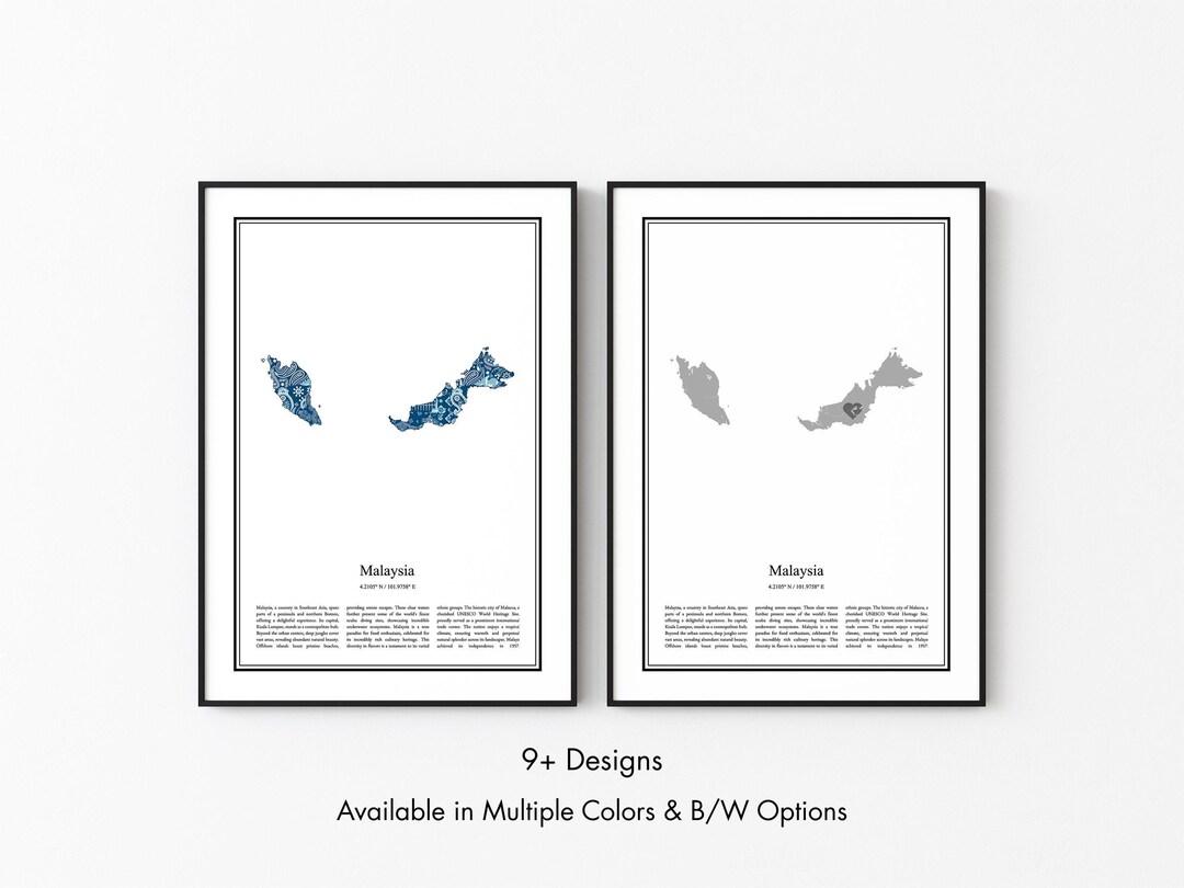 Malaysia Map Poster, Minimalist Wall Art Print in Black & White or ...