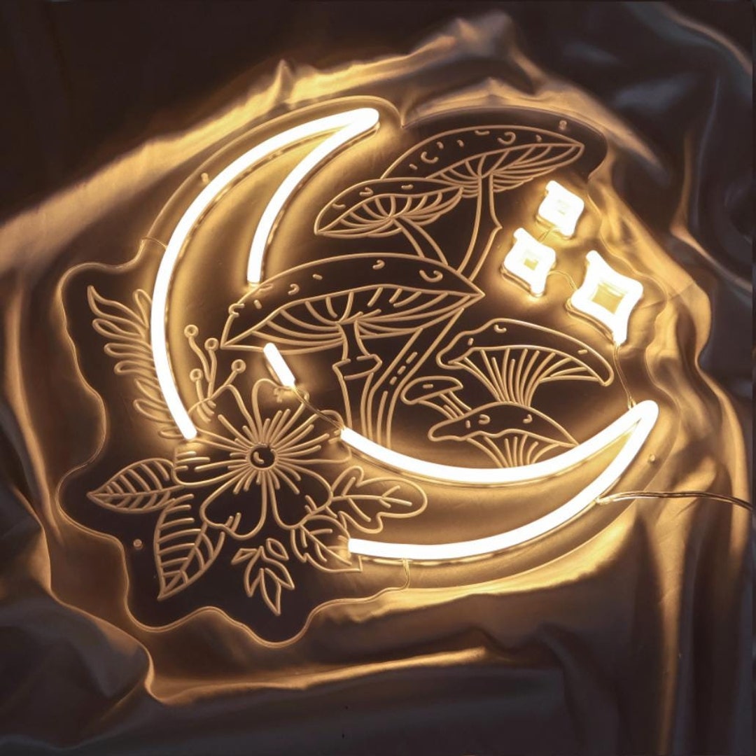 Moon and Mushrooms Neon Sign, Round Mushroom Decor, Boho Mushroom Sign ...