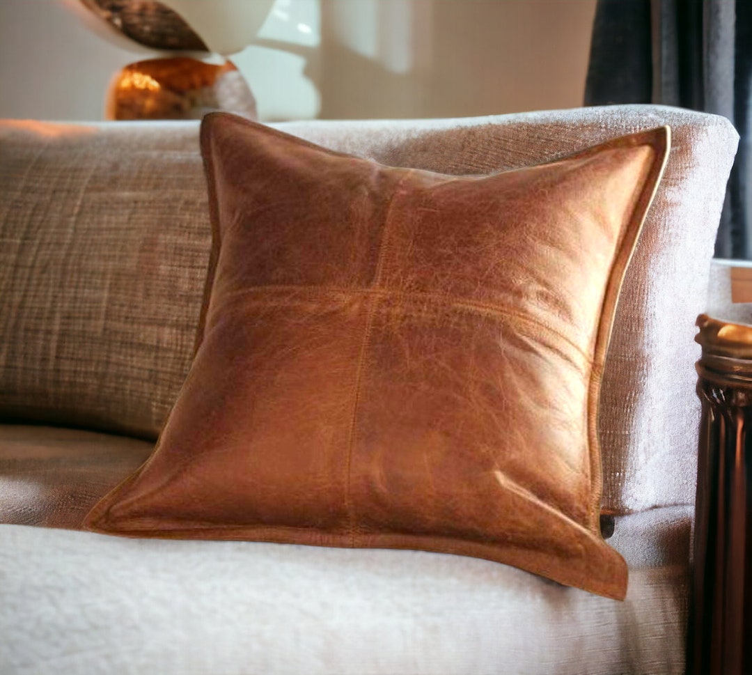 Custom Handcrafted Antique Brown Leather Cushion Case, Lambskin - Home ...