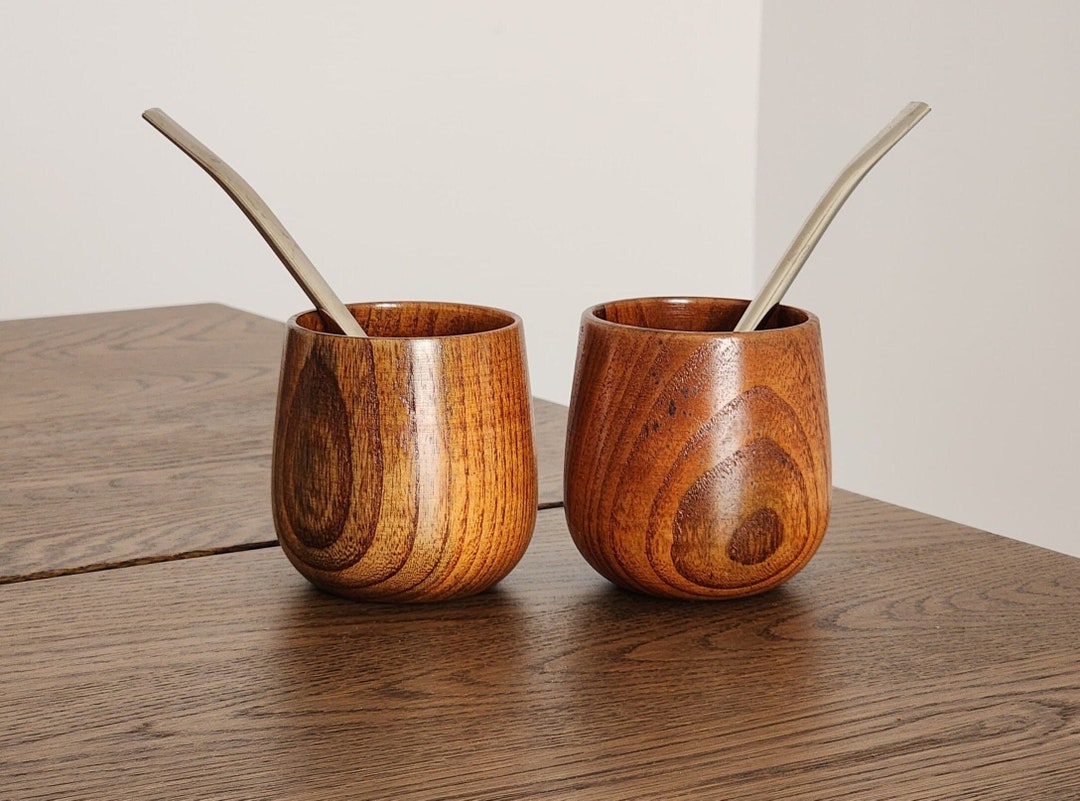Yerba Mate Set, 2 Hand-carved Wooden Mates 2 PREMIUM Steel Bombillas ...