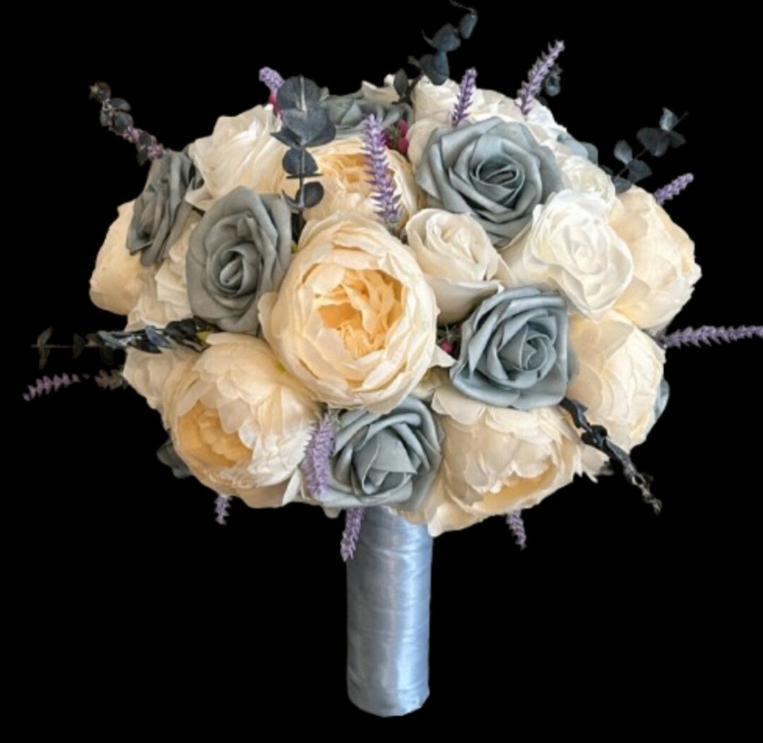 Dusty Blue and White Roses With Cream Peonies and Sprigs of Lavendar - Etsy