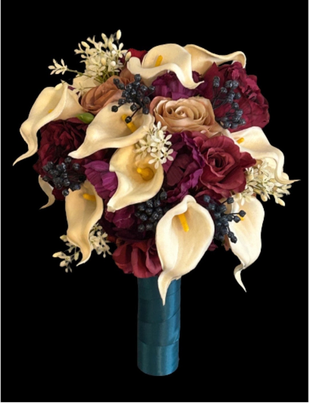 Burgundy Flowers With Cream Calla Lily's, Tan Roses and Black Berries ...