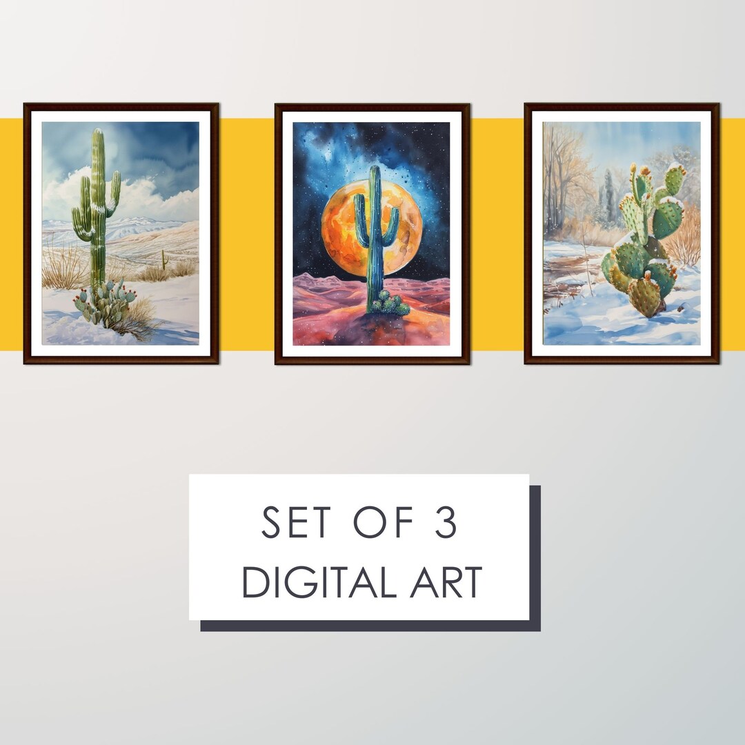 Set of 3 Digital Paintings, Collection Mystical Cactus, Printable Wall ...