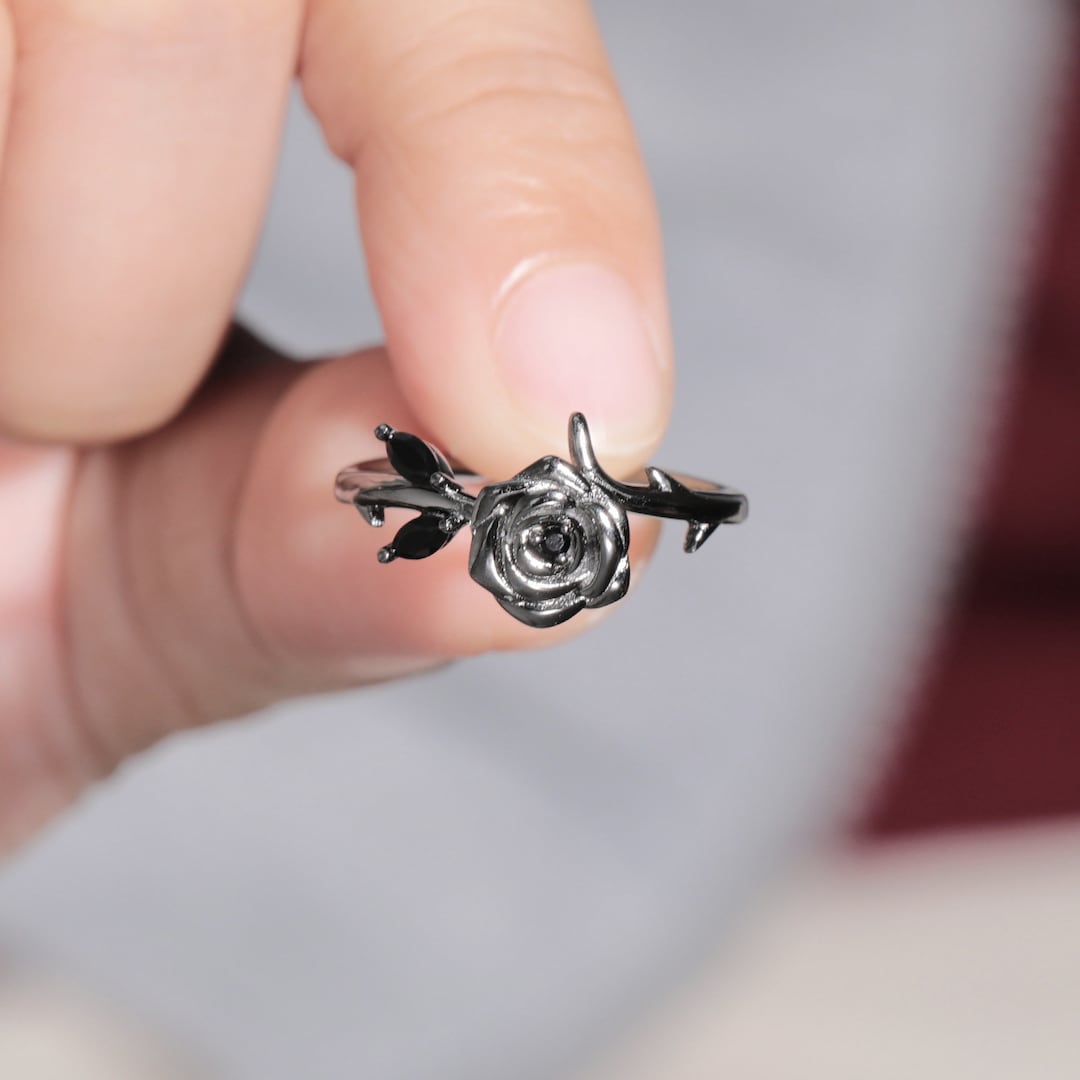 Black Rose Ring, Black Onyx Rose Ring S925 Silver, Black Flower ...