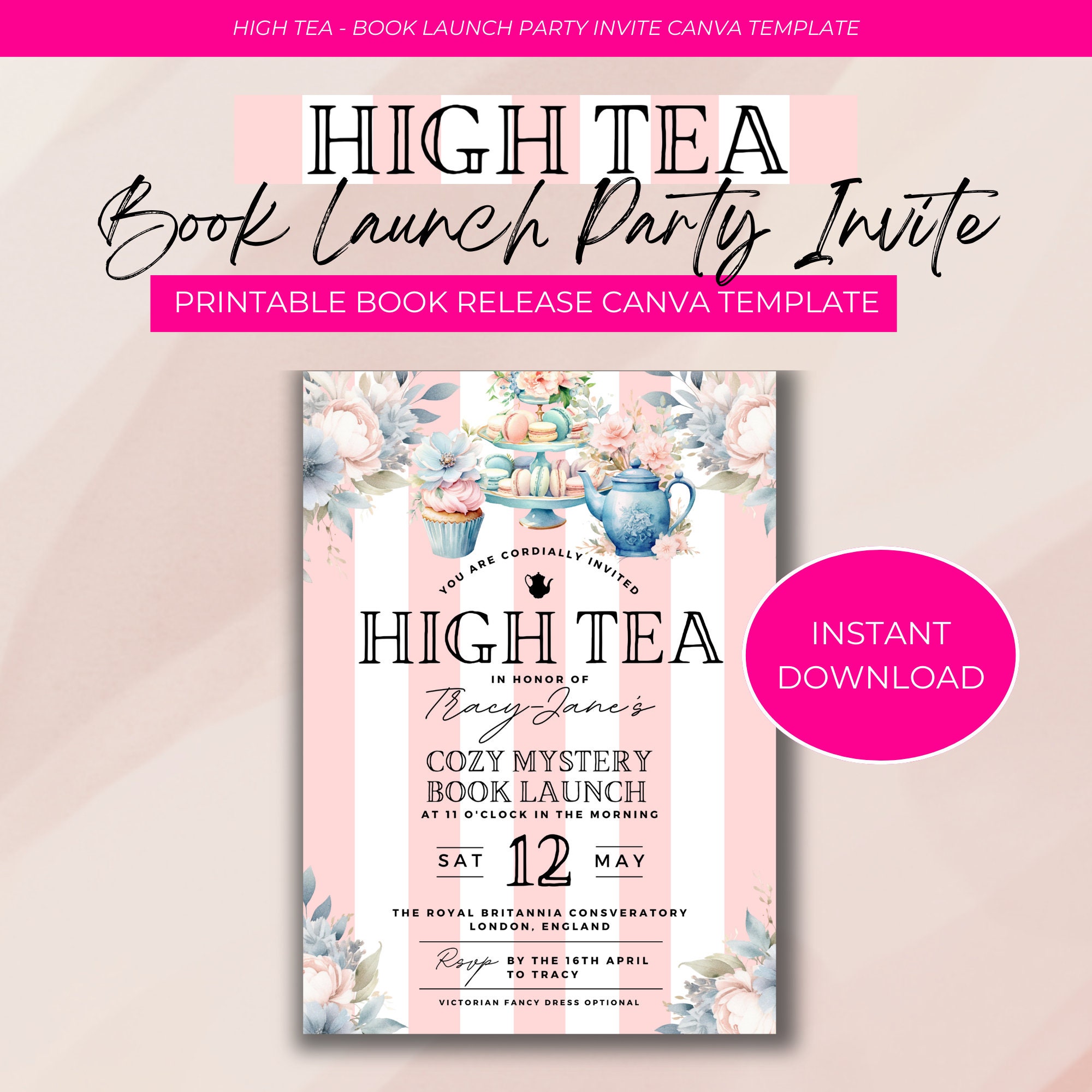 Printable High Tea Book Launch Party Invite Elegant Canva Template ...