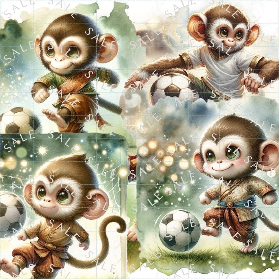 20 Adorable Monkey Soccer Ball: Watercolor , Scrapbook, 20 Pngs of ...