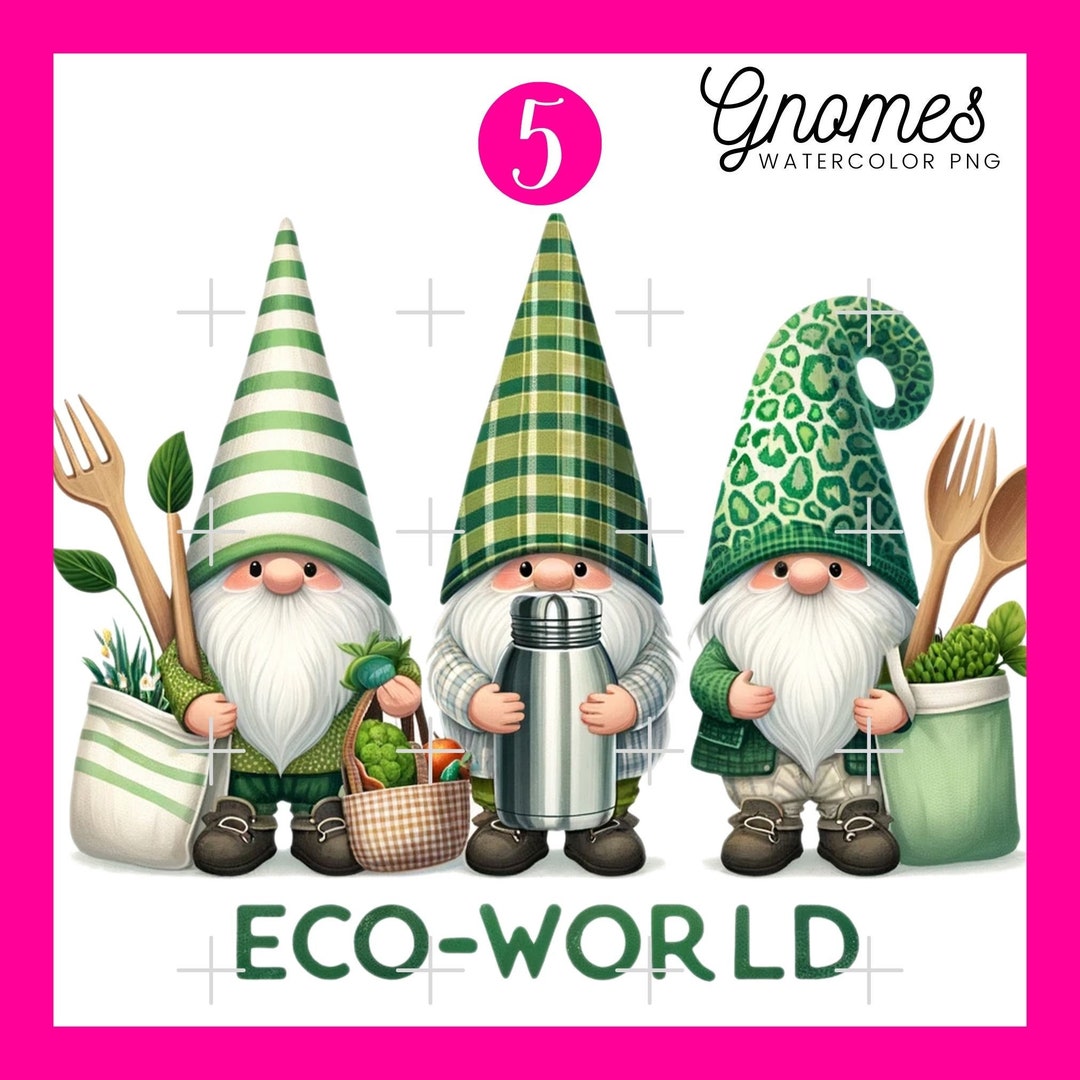 Watercolor Save Earth Gnomes Clipart, 5 PNG Eco Friendly Gnomes Clipart ...