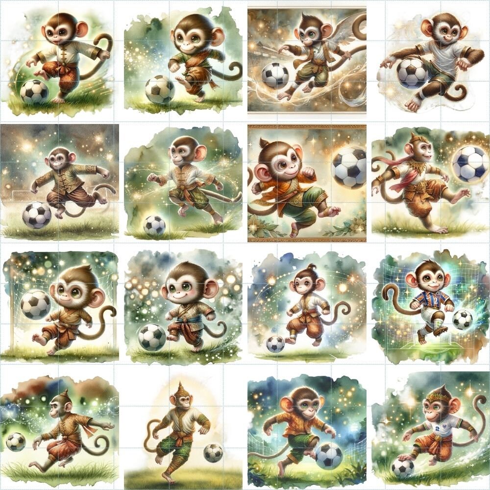 20 Adorable Monkey Soccer Ball: Watercolor , Scrapbook, 20 Pngs of ...
