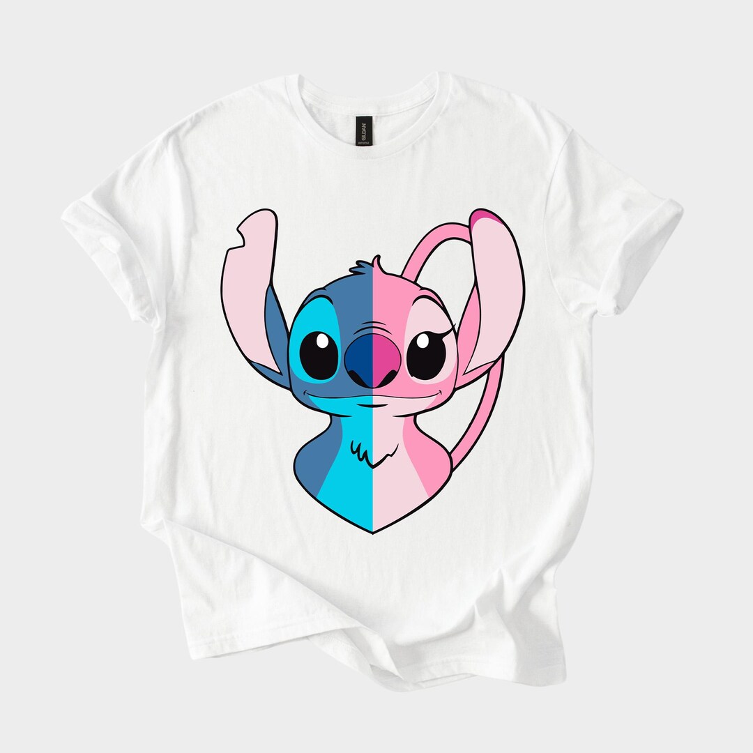 Half Stitch Half Angel Split Face Tee - Pastel Cartoon Couple Character ...