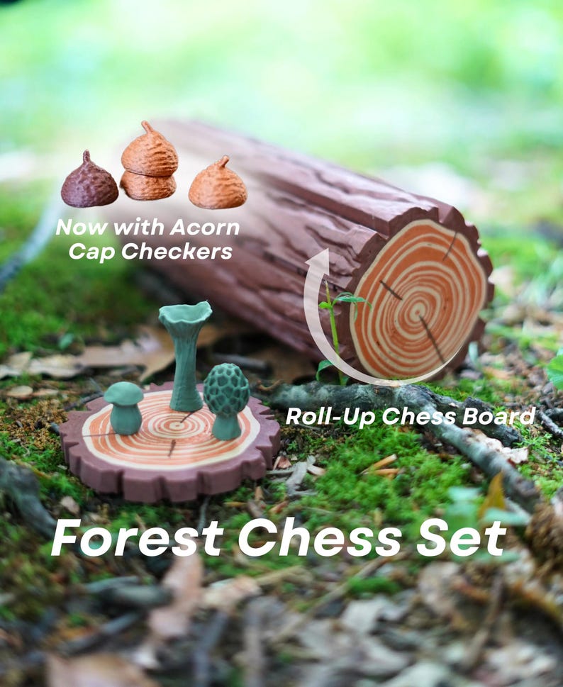 3D Printed Forest Chess Set Log & Mushroom Chess Board Acorn Checkers ...
