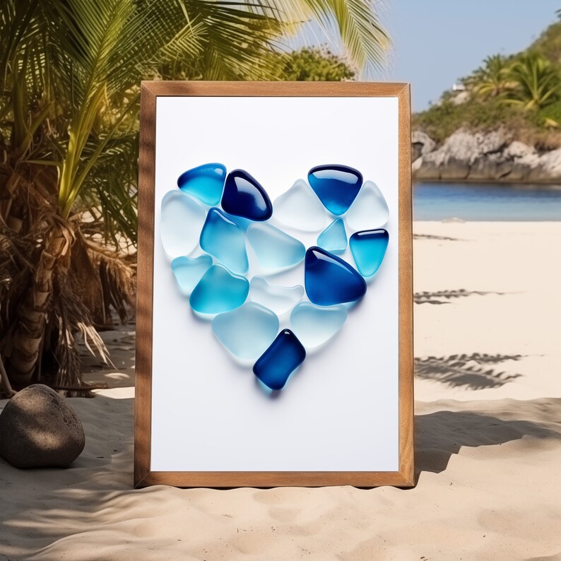 Sea Glass Art, Blue Coastal Wall Art, Sea Glass Heart Print, Indigo ...
