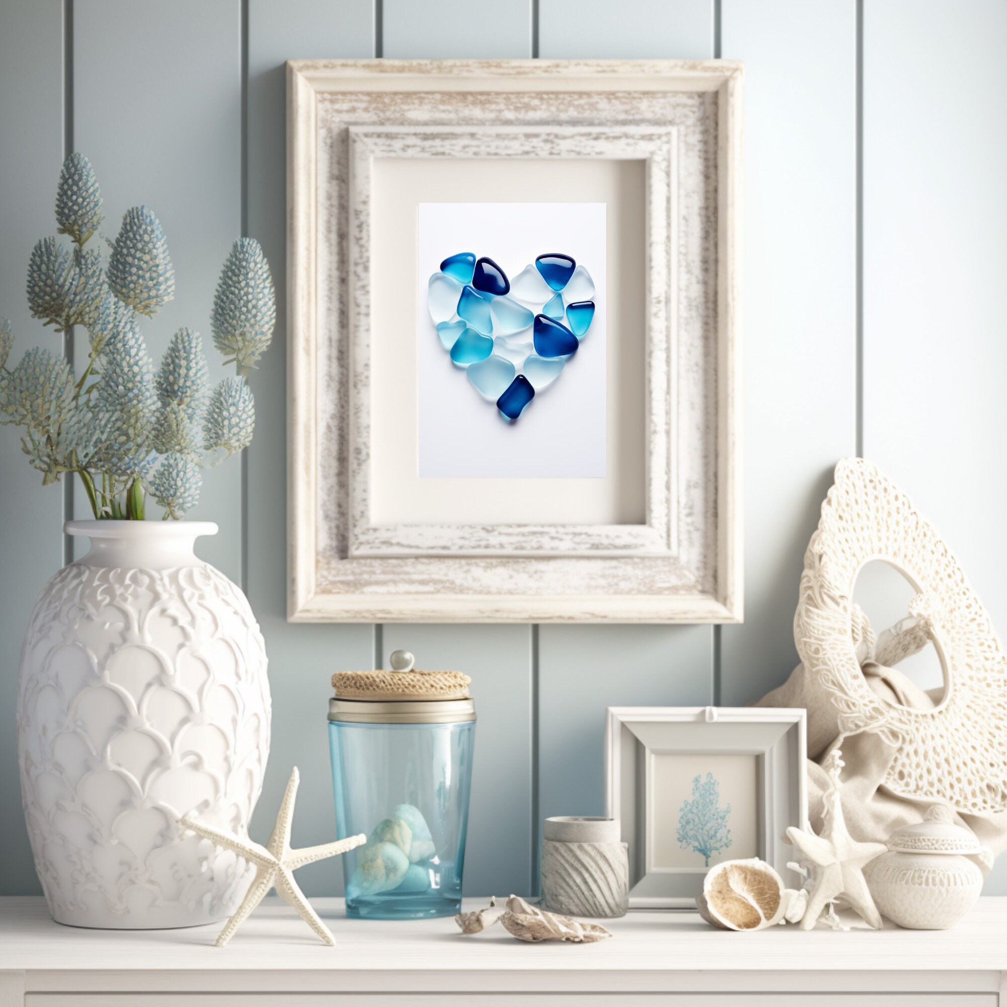 Sea Glass Art, Blue Coastal Wall Art, Sea Glass Heart Print, Indigo ...