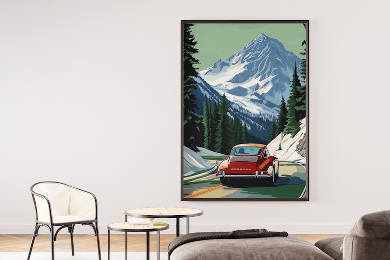 Porsche 911 Alpine-poster: vintage besneeuwd berglandschap, afdrukbaar ...