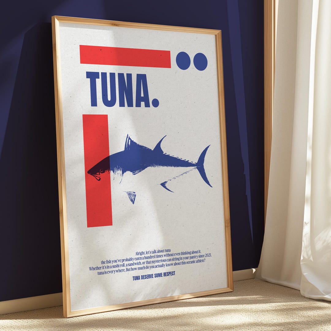 Tuna Fish Blue Kitchen Decor Wall Art, Vintage Design Poster With Red ...
