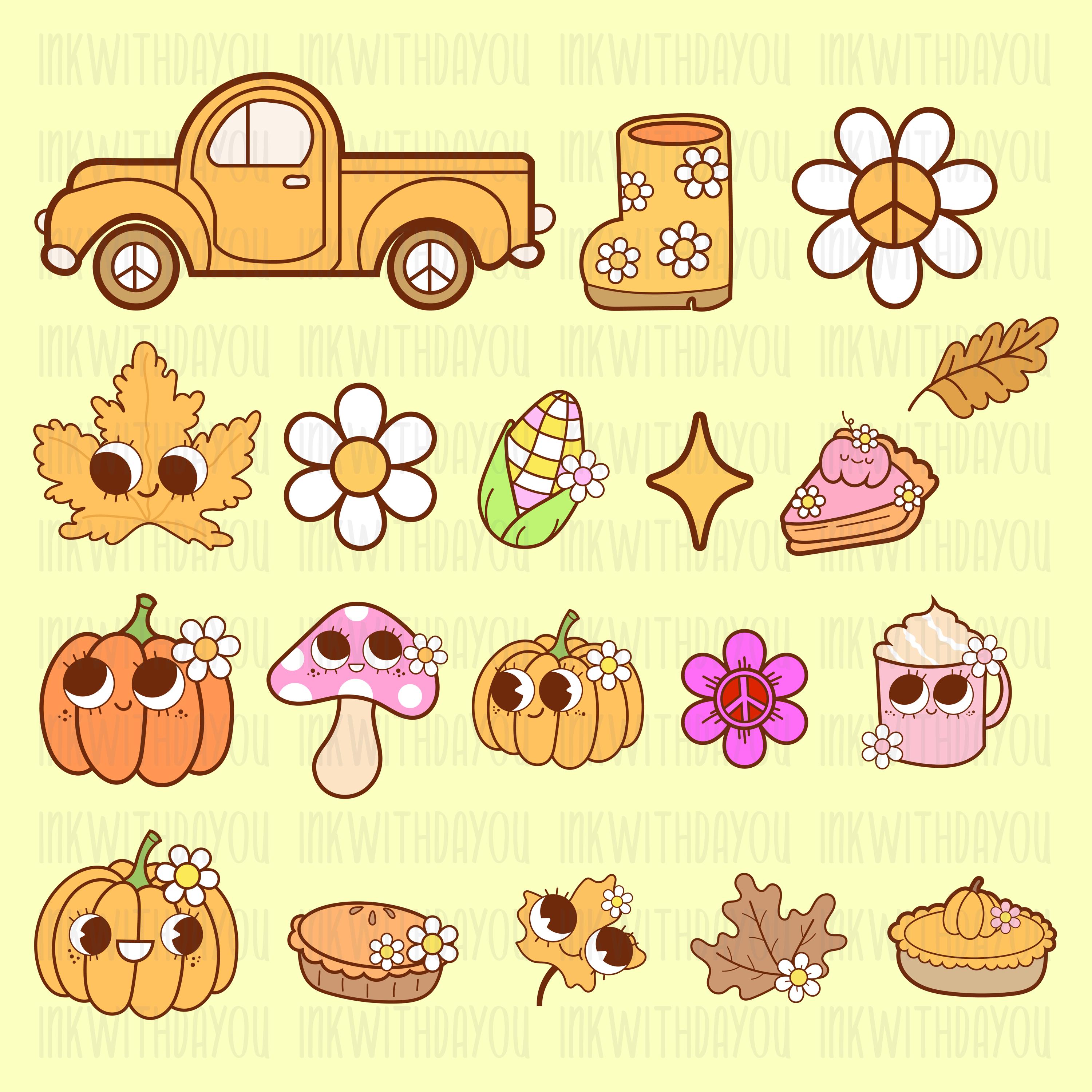 Groovy Autumn Clipart Retro Fall Svg Thanksgiving Png Hippie Flower Png ...