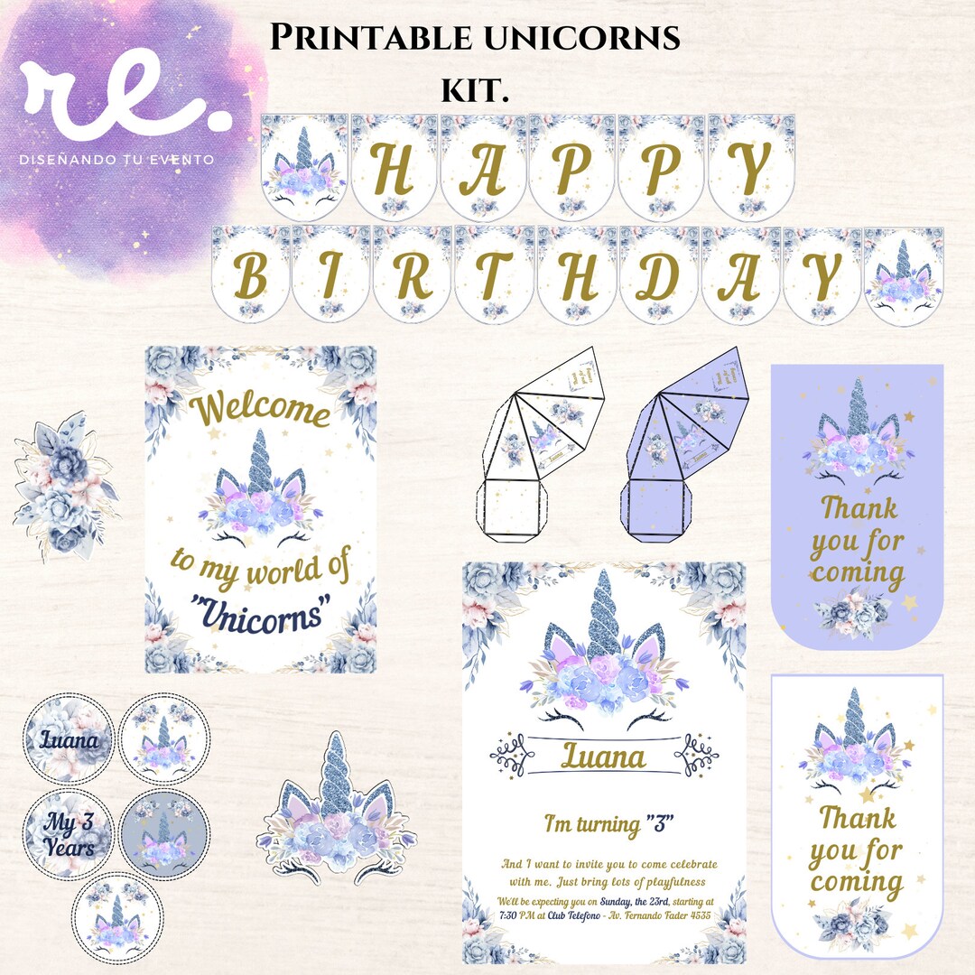 Unicorn Printable Kit Printable Birthday Kit Theme Unicorns Etsy