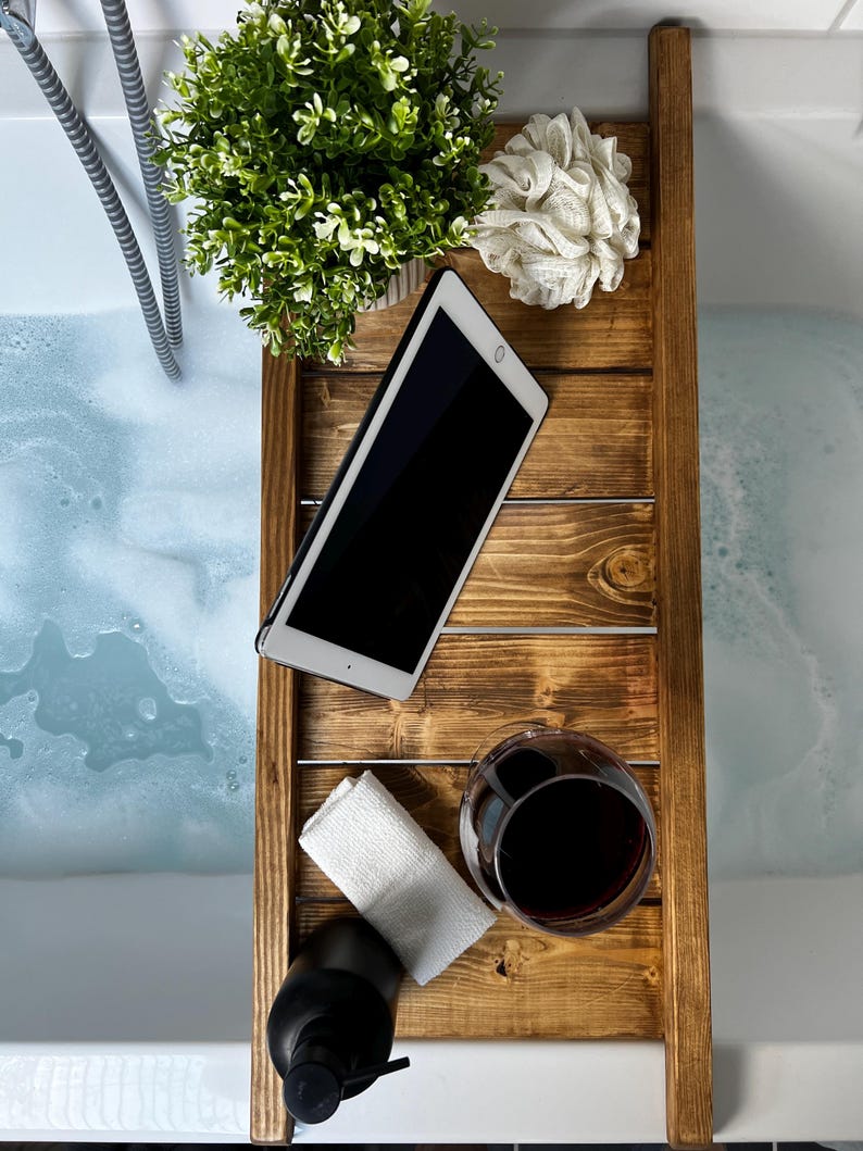 Handcrafted Rustic Wooden Slat Bath Caddy - Inset Base and Raised Sides ...