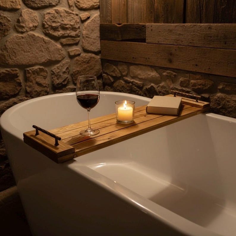 Handcrafted Rustic Oak Stain Wooden Bath Caddy | Bathtub Tray for Wine ...